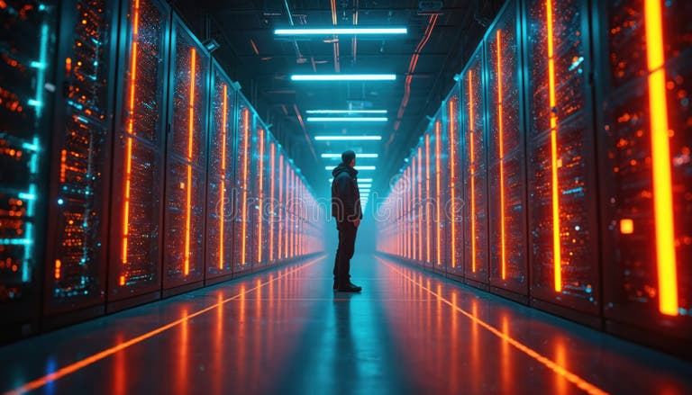 Futuristic Data Center with Technology Officer Stands in Server Room ...