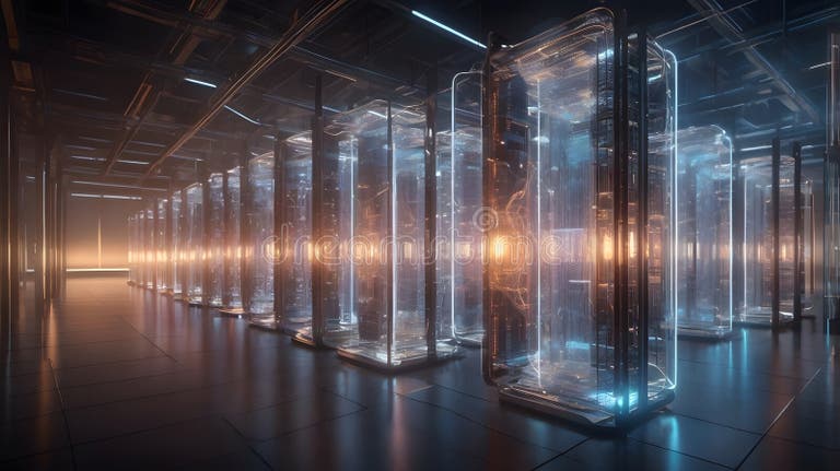 Futuristic Data Center with Transparent Server Racks and Glowing Lights ...