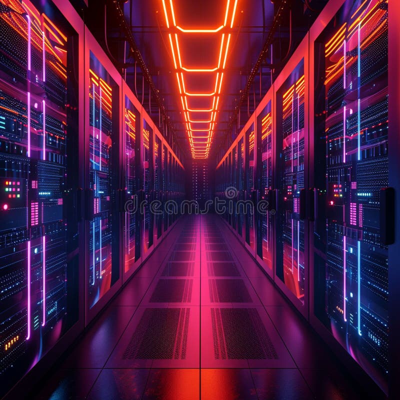 Futuristic Data Center with Vibrant Neon Lights and Sleek Server Racks ...