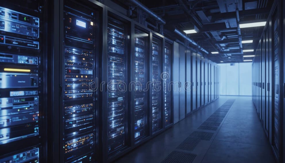 Futuristic Data Center Visualization with Rows of Glowing Server Racks ...