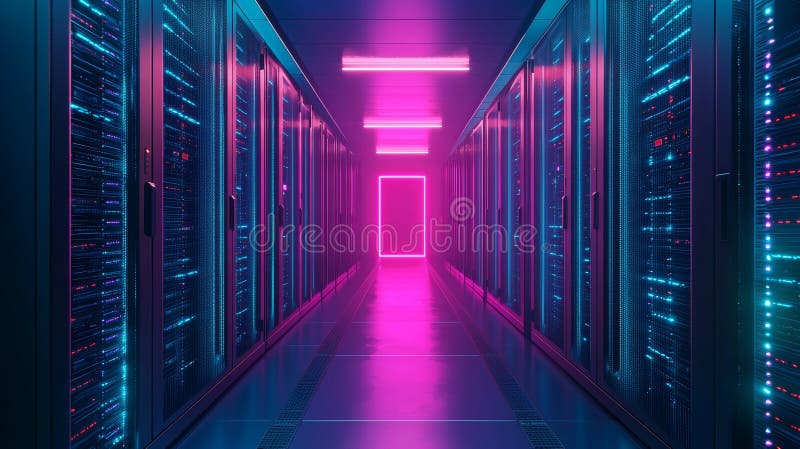 A Futuristic Data Centre with Neon Lit Servers, a Cyber Security ...