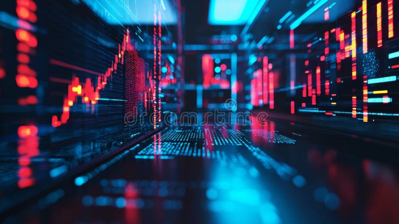 Futuristic Data Charts with Red and Blue Glowing Financial Graphs Stock ...