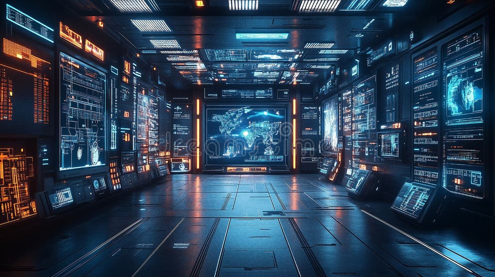 Futuristic Data Control Room with Multiple Digital Screens and ...