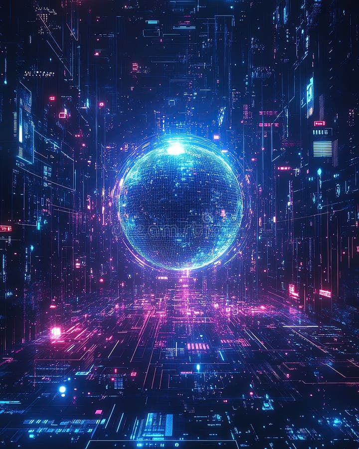 Futuristic Data Core Art: Glowing Data Sphere in Networked Cyberpunk ...