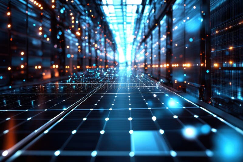 Futuristic Data Corridor with Glowing Paths and Particles Stock ...