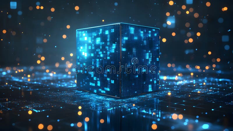 Futuristic Data Cube with Blue Glowing Lights on Digital Network Background Stock Illustration ...