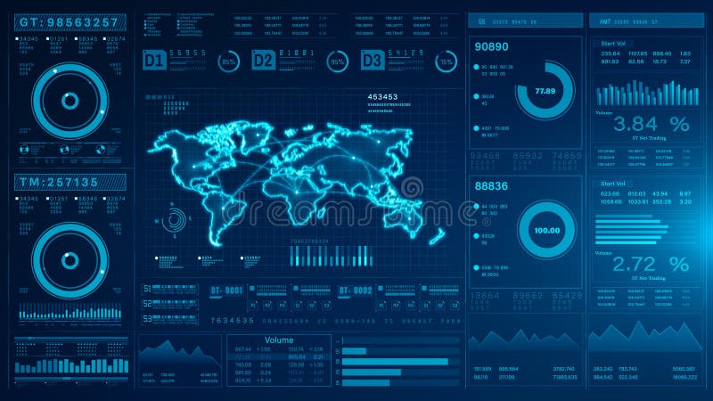 Futuristic Data Dashboard with Global Map, HUD Infographic Business and ...
