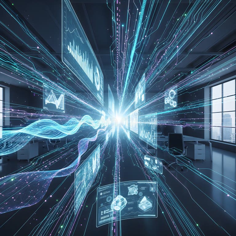 The Futuristic Data Flow in a Modern Office Stock Illustration ...