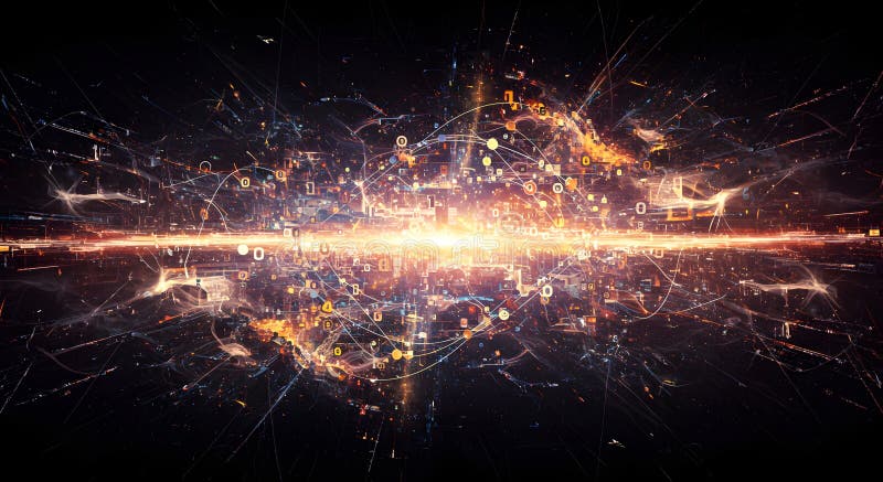 Futuristic Data Flow Visualization with Interconnected Networks and Code Elements Stock ...