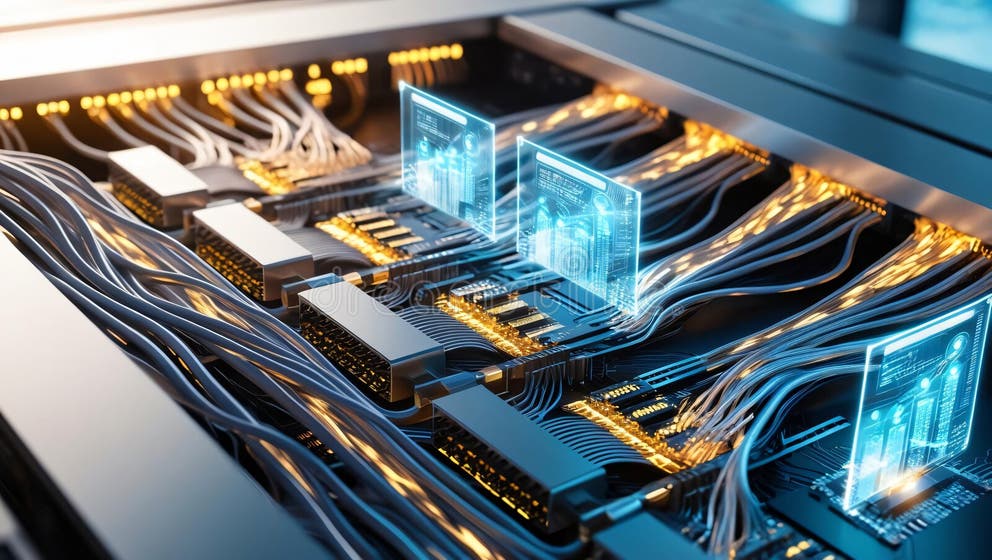 Futuristic Data Hub with Broadband Cables, Glowing Circuits, and ...