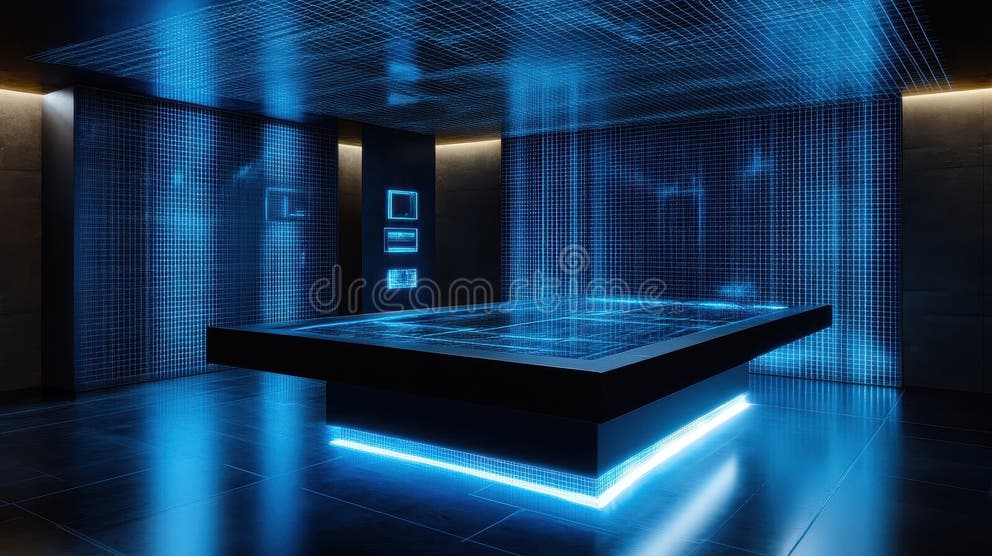 Futuristic Data Hub Immersive Blue Grid Environment with Central Table ...