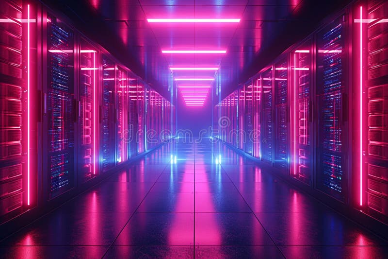 Futuristic Data Hub Neon Lit Server Room for Modern Technology ...