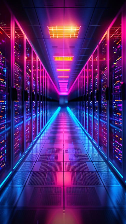 Futuristic Data Hub Neon Lit Server Room for Modern Technology ...