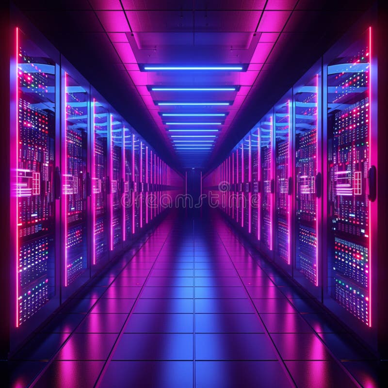 Futuristic Data Hub Neon Lit Server Room for Modern Technology ...