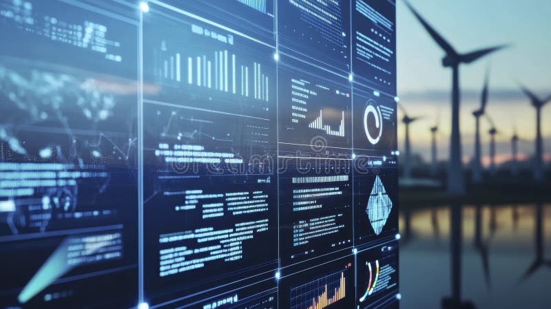 Digital Data Interface Over Wind Turbines at Sunset Stock Illustration ...