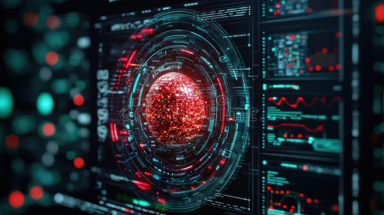A Futuristic Data Interface Featuring a Glowing Red Core Surrounded by ...