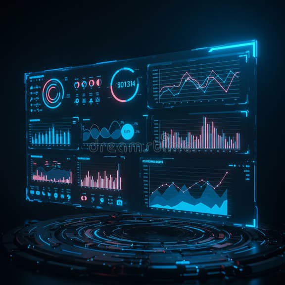 Futuristic Data Interface Featuring Several Glowing Blue and Red Graphs and Charts. Th Stock ...