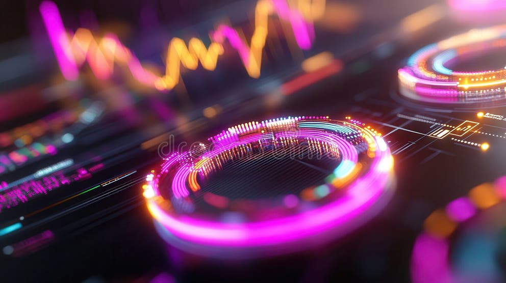Futuristic Data Interface with Vibrant Neon Colors and Dynamic Circular Patterns in a High-tech ...
