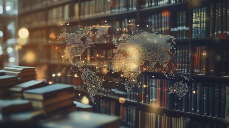 Futuristic Data Interface with World Map Above Library Shelves Stock ...