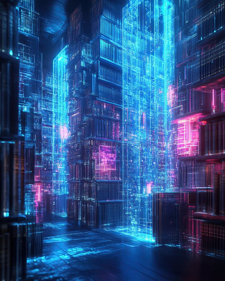 Futuristic Data Library: Glowing Data Structures in a Cyberpunk Library ...