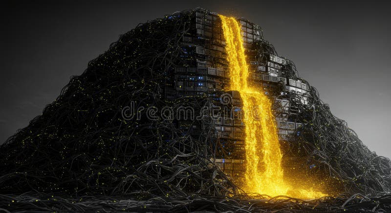 Futuristic Data Mountain with Glowing Digital Flow and Complex Wiring ...