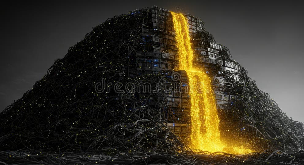 Futuristic Data Mountain with Glowing Digital Flow and Complex Wiring ...