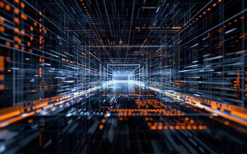 Futuristic Data Network Tunnel with Glowing Digital Information and ...
