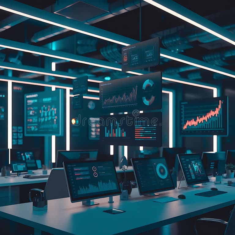 Modern Command Center with Real-Time Global Data Visualization on Multiple Screens. Stock ...