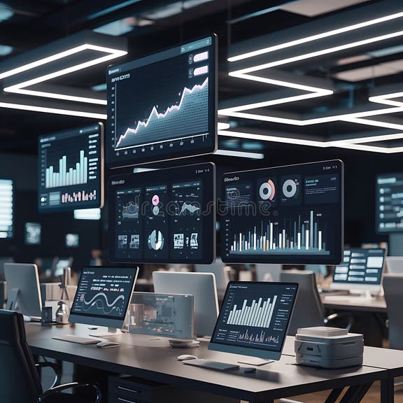 Modern Command Center with Real-Time Global Data Visualization on Multiple Screens Stock ...
