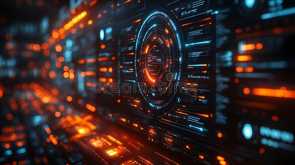 Futuristic Data Processing System with Glowing Interface Displays and ...