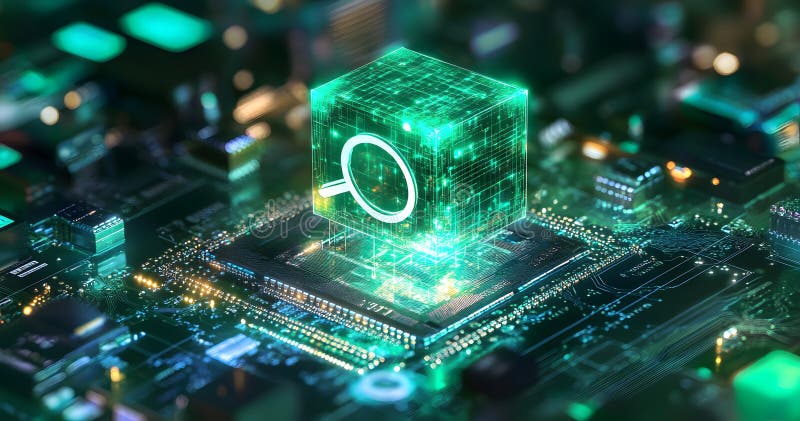 Futuristic Data Search Technology Concept with Glowing Cube and Magnifying Glass Icon Circuit ...