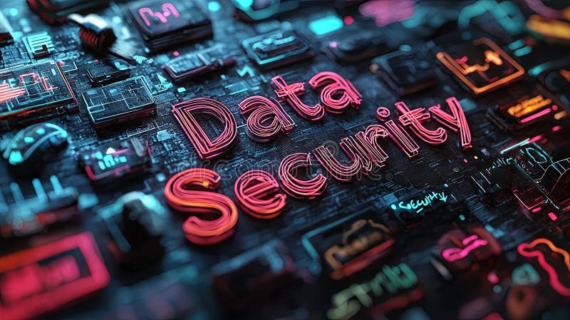 Futuristic Data Security Concept with Neon Lettering on Circuit Board ...