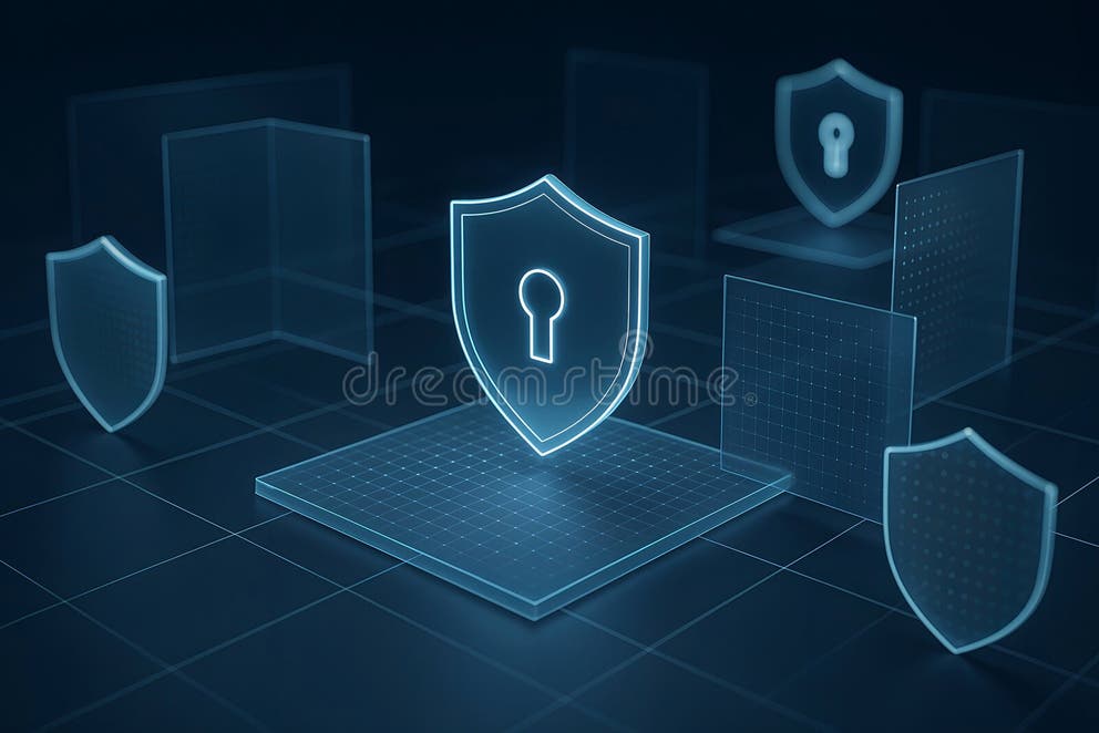 Futuristic Data Security Visualization Featuring Shields and Keyhole ...