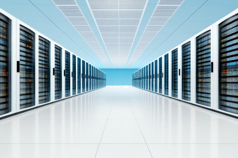 Futuristic Data Server Room with Endless Rows of High Tech Equipment ...