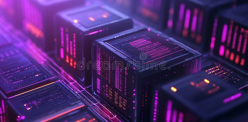 Futuristic Data Servers with Glowing Pink Lights and Screens Displaying ...