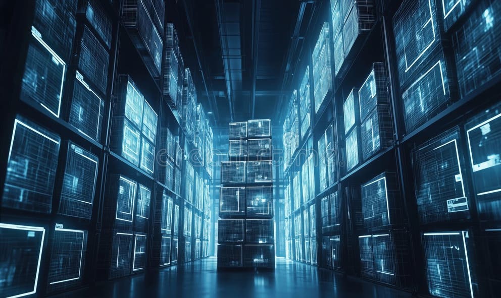 Futuristic Data Storage Facility with Glowing Digital Displays and High ...