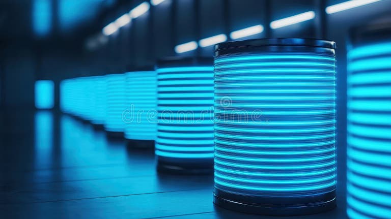 Futuristic Data Storage Glowing Blue Cylinders in Server Room Stock ...