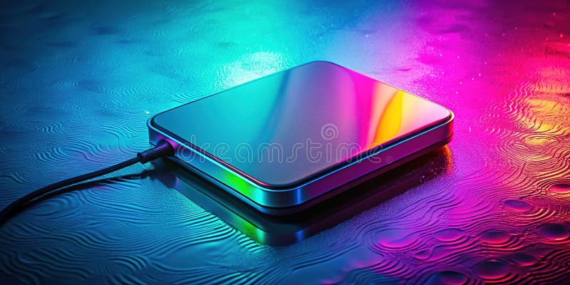 Futuristic Data Storage NeonLit External Hard Drive Reflecting in a ...