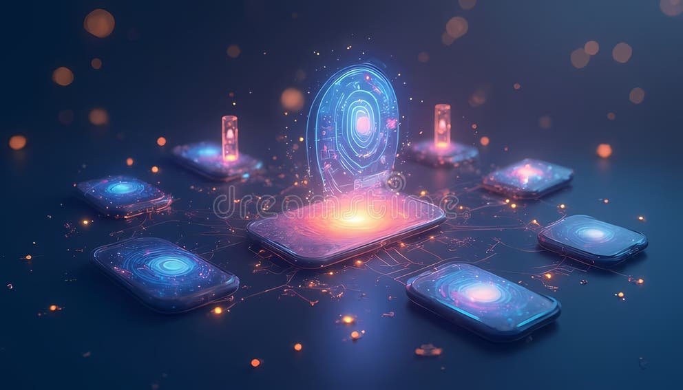 Futuristic Data Transfer Glowing Devices Connected in Network ...