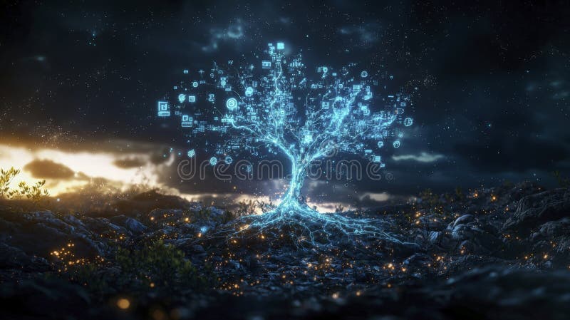 Futuristic Data Tree Illuminates Digital Landscape at Dusk Symbolizing ...