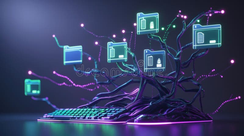 Futuristic Data Tree with Keyboard: Digital Network and Storage ...