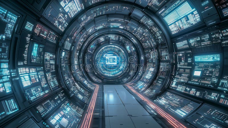 Futuristic Data Tunnel with Illuminated Panels and Digital Displays ...