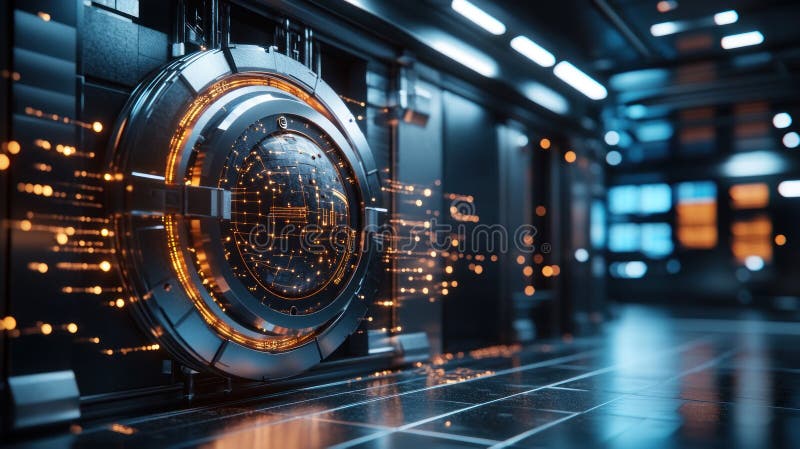 Futuristic Data Vault Glowing Circular Access Panel Modern Server Room Digital Network Stock ...