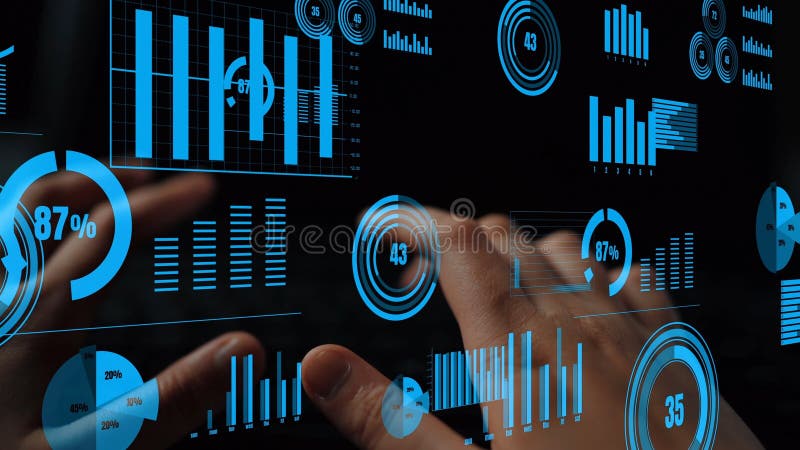 Futuristic Data Visualization Analysis with Hands Interacting with ...