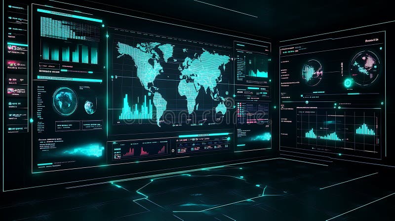 Futuristic Data Visualization Dashboard Interface with World Map and Graph Analysis Display Tech ...
