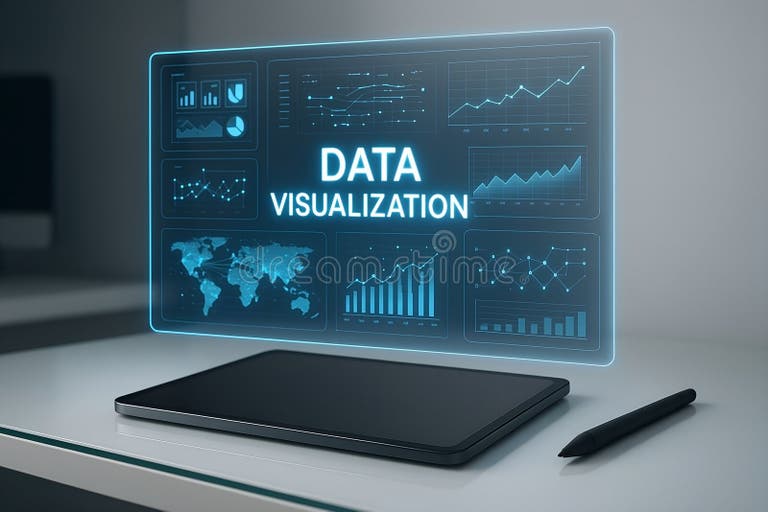 Futuristic Data Visualization Display Projected Above Tablet on a Modern Workspace Concept for ...