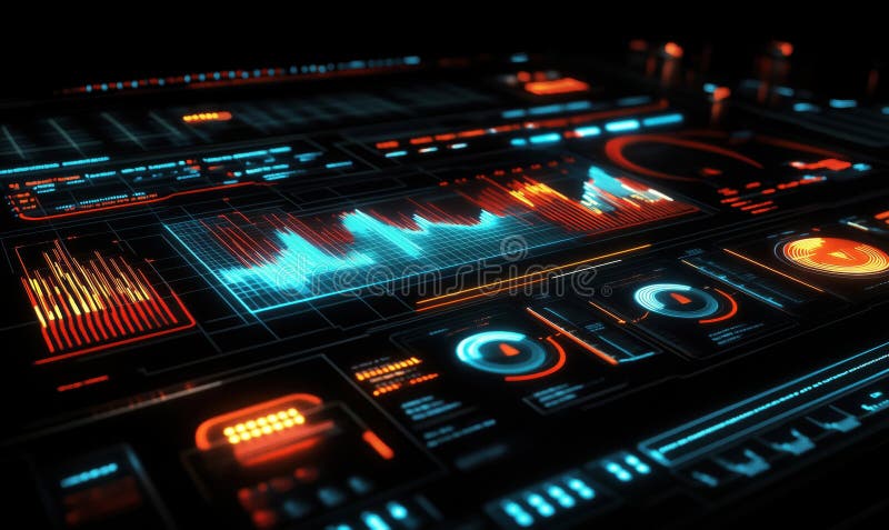 Futuristic Data Visualization Interface with Glowing Elements, Graphs, and Controls. High-tech ...