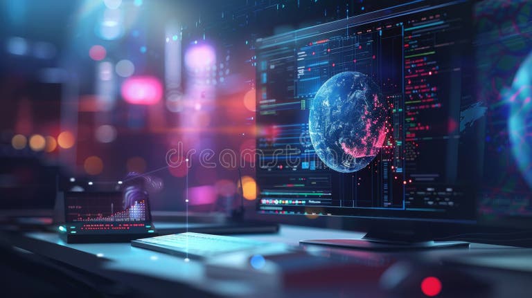 Futuristic Data Visualization on Multiple Screens with Global Network Graphics Stock Photo ...