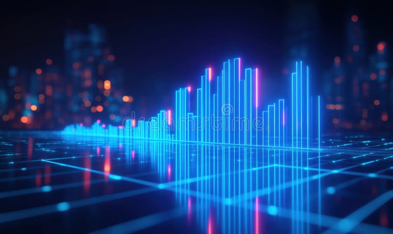 Futuristic Data Visualization with Neon Blue Bars Reflecting on Digital Grid Stock Photo - Image ...