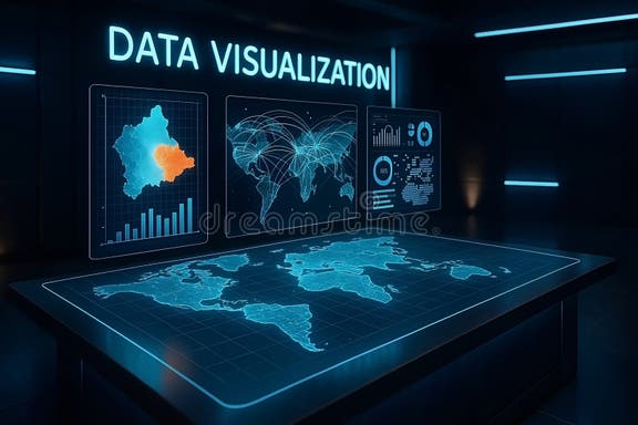 Futuristic Data Visualization Room Displaying Global Connections and Geographical Data Analysis ...